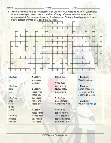 Frequency Adverbs Framework Puzzle Spanish Worksheet | Teaching Resources