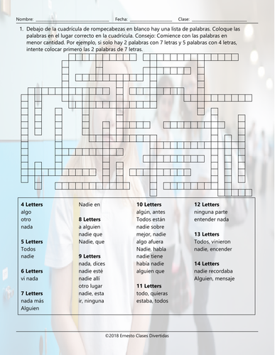 Indefinite Pronouns Framework Puzzle Spanish Worksheet | Teaching Resources