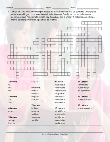 Possessive Adjectives Framework Puzzle Spanish Worksheet | Teaching ...