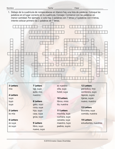 Possessive Pronouns Framework Puzzle Spanish Worksheet | Teaching Resources