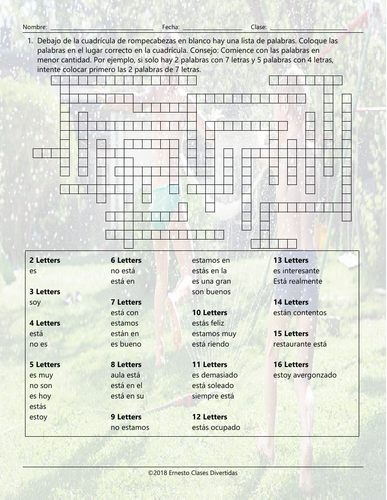 Present Simple with Verbs Ser and Estar Framework Puzzle Spanish ...