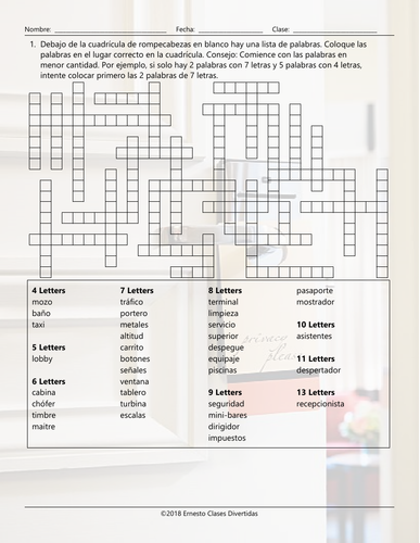 Airports and Hotels Framework Puzzle Spanish Worksheet | Teaching Resources