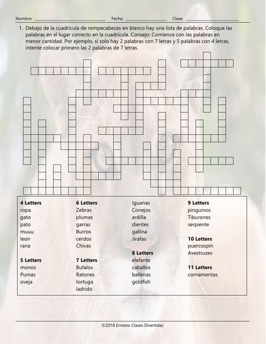 Animals Framework Puzzle Spanish Worksheet | Teaching Resources