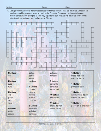 Beach Things and Activities Framework Puzzle Spanish Worksheet ...