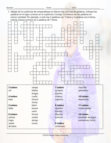 Clothing Items Framework Puzzle Spanish Worksheet | Teaching Resources