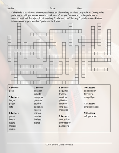 Grocery Shopping Framework Puzzle Spanish Worksheet | Teaching Resources