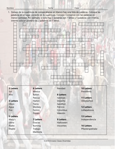 Holidays and Festivals Around the World Framework Puzzle Spanish ...