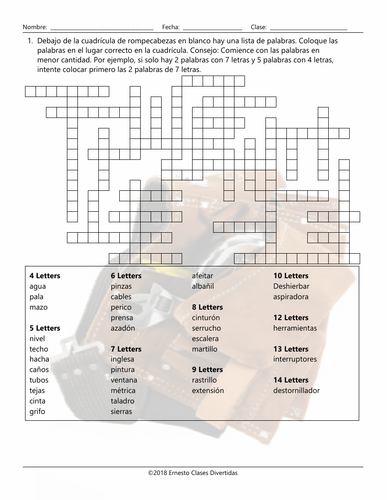 House Repairs, Tools, and Supplies Framework Puzzle Spanish Worksheet ...