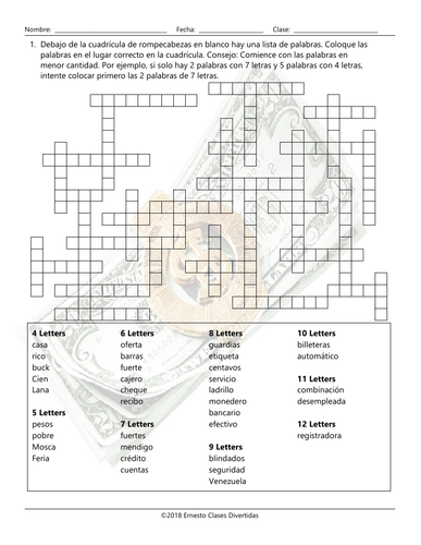 Money and Banking Framework Puzzle Spanish Worksheet | Teaching Resources