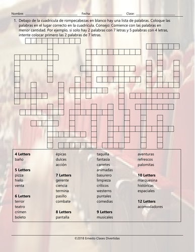 Movie Things and Genres Framework Puzzle Spanish Worksheet | Teaching ...
