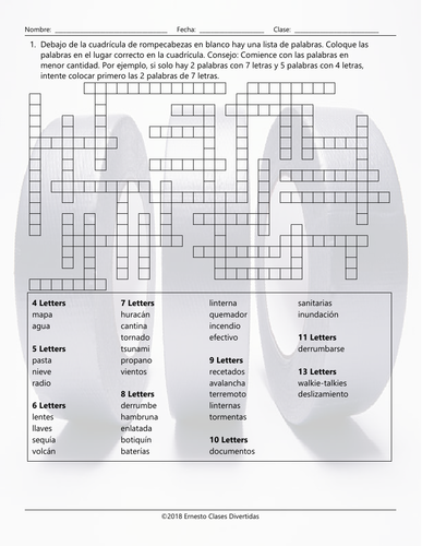 Natural Disasters and Emergencies Framework Puzzle Spanish Worksheet ...