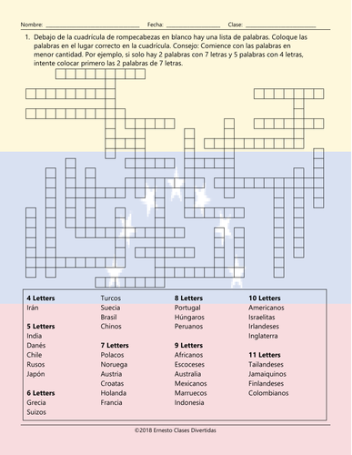 Origins and Nationalities Framework Puzzle Spanish Worksheet | Teaching ...