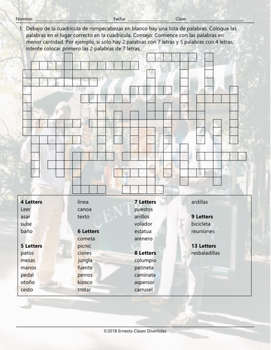 Park Things and Activities Framework Puzzle Spanish Worksheet ...