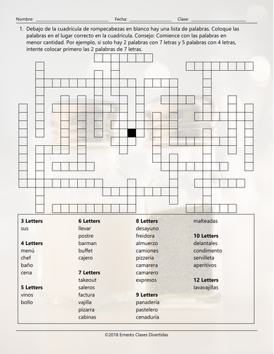 Restaurant Things and Activities Framework Puzzle Spanish Worksheet ...