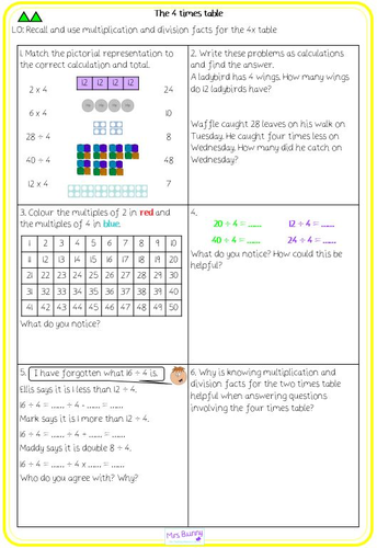 7. Multiplication and Division: the 4 times table worksheets (Y3 ...