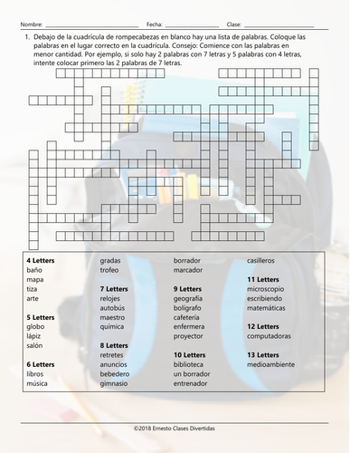 School Items, Places, and Subjects Framework Puzzle Spanish Worksheet ...
