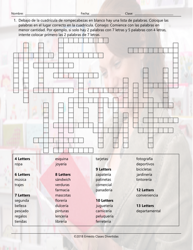 Stores and Shops Framework Puzzle Spanish Worksheet | Teaching Resources