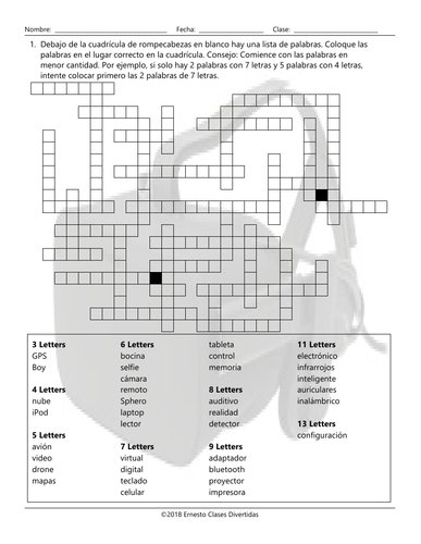 Technology and Gadgets Framework Puzzle Spanish Worksheet | Teaching ...