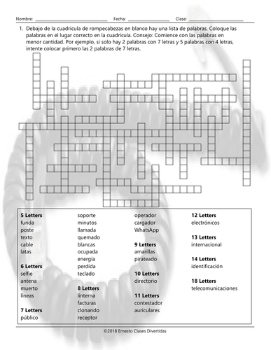 Telephones Framework Puzzle Spanish Worksheet | Teaching Resources