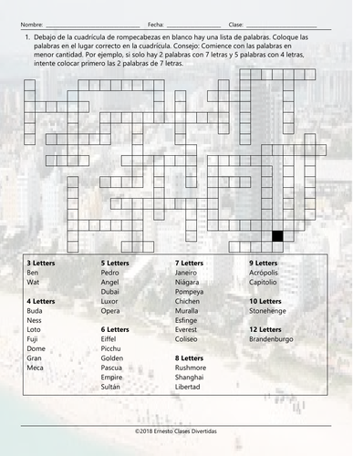 Tourist Attractions Around The World Framework Puzzle Spanish Worksheet ...