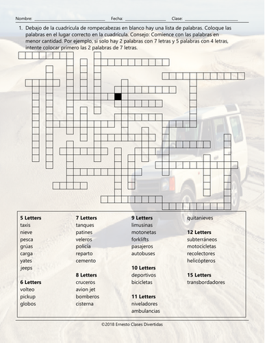 Transportation and Vehicles Framework Puzzle Spanish Worksheet ...