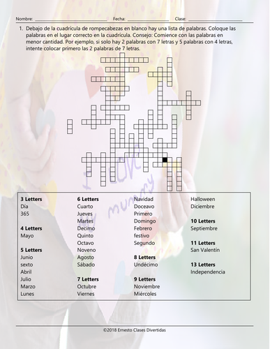 Weekdays, Months, and Dates Framework Puzzle Spanish Worksheet ...