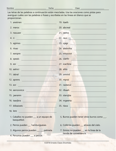 Ability Modals Jumbled Words Spanish Worksheet | Teaching Resources