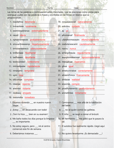 Adverbs Jumbled Words Spanish Worksheet | Teaching Resources