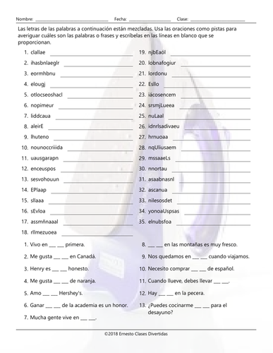 Articles Jumbled Words Spanish Worksheet | Teaching Resources