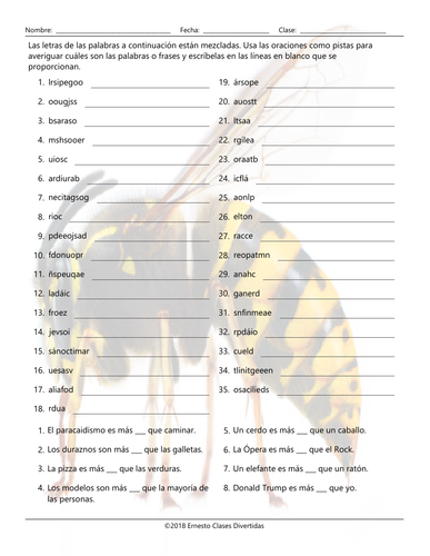 Comparative Adjectives Jumbled Words Spanish Worksheet | Teaching Resources