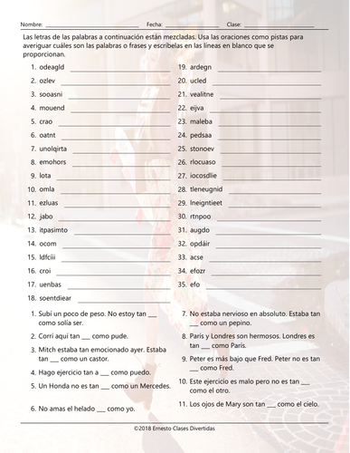Comparisons with As ...+... As Jumbled Words Spanish Worksheet ...