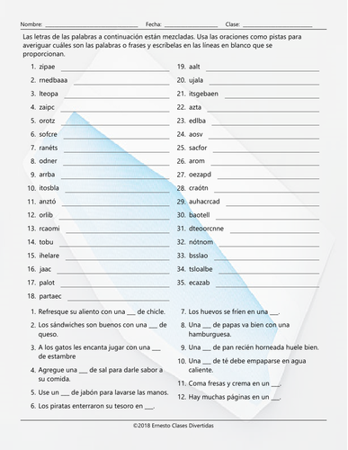 Container Words Jumbled Words Spanish Worksheet | Teaching Resources