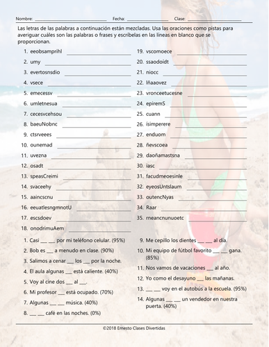 Frequency Adverbs Jumbled Words Spanish Worksheet | Teaching Resources