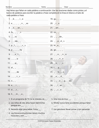 Adjectives Missing Letters Spanish Worksheet | Teaching Resources