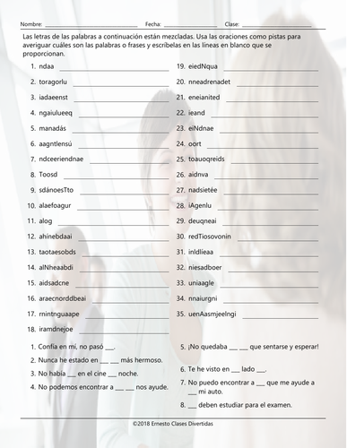 Indefinite Pronouns Jumbled Words Spanish Worksheet | Teaching Resources