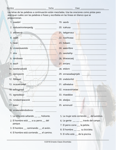 Movement Prepositions Jumbled Words Spanish Worksheet | Teaching Resources