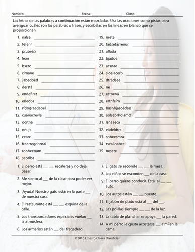 Place Prepositions Jumbled Words Spanish Worksheet | Teaching Resources