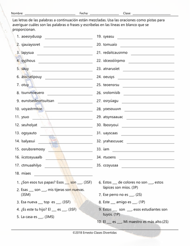 Possessive Pronouns Jumbled Words Spanish Worksheet | Teaching Resources
