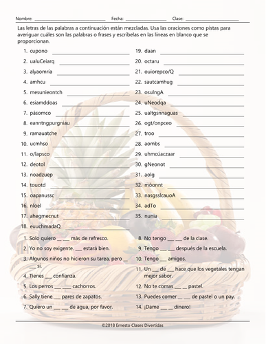 Quantifiers Jumbled Words Spanish Worksheet | Teaching Resources