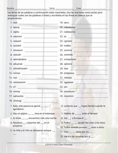 Reflexive and Reciprocal Pronouns Jumbled Words Spanish Worksheet ...