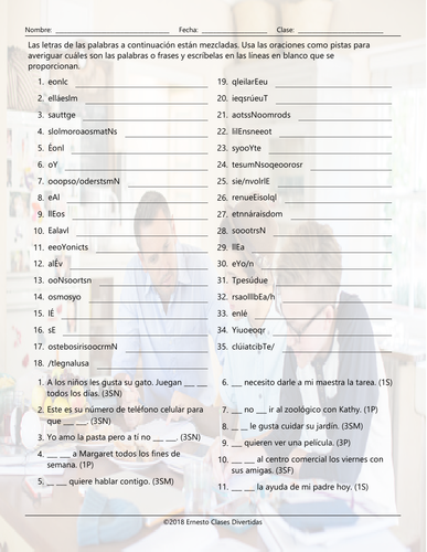 Subject Pronouns Jumbled Words Spanish Worksheet | Teaching Resources