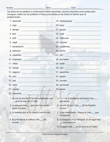 Superlative Adjectives Jumbled Words Spanish Worksheet | Teaching Resources