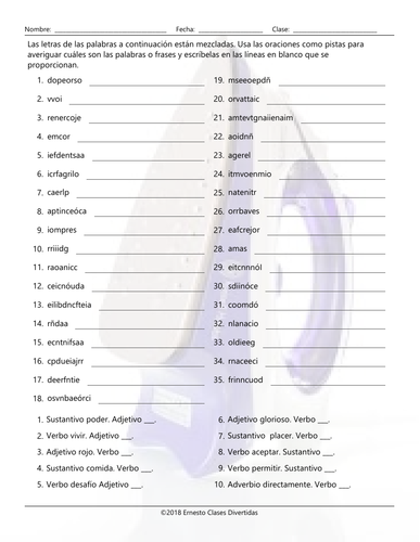 Word Forms Jumbled Words Spanish Worksheet | Teaching Resources