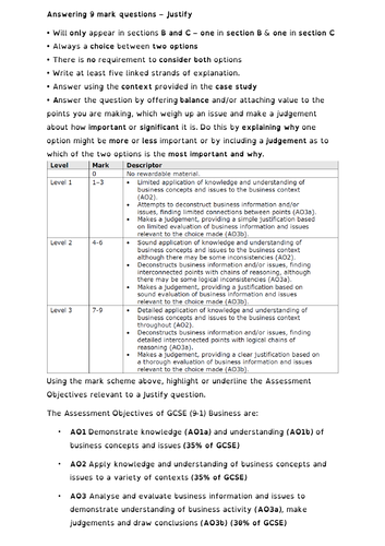 Edexcel GCSE (9-1) Business exam technique 9 mark Justify questions ...