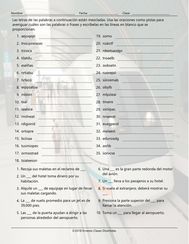 Airports and Hotels Jumbled Words Spanish Worksheet | Teaching Resources