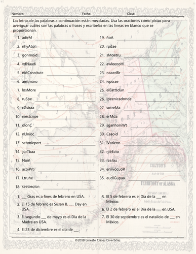 American versus Mexican Holidays Jumbled Words Spanish Worksheet ...