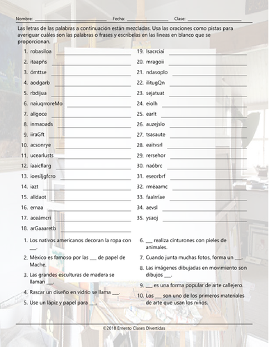 Art Forms Jumbled Words Spanish Worksheet | Teaching Resources