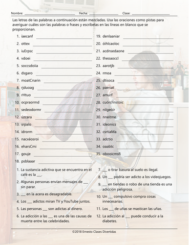 Bad Habits and Addictions Jumbled Words Spanish Worksheet | Teaching ...