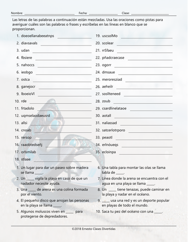 Beach Things and Activities Jumbled Words Spanish Worksheet | Teaching ...