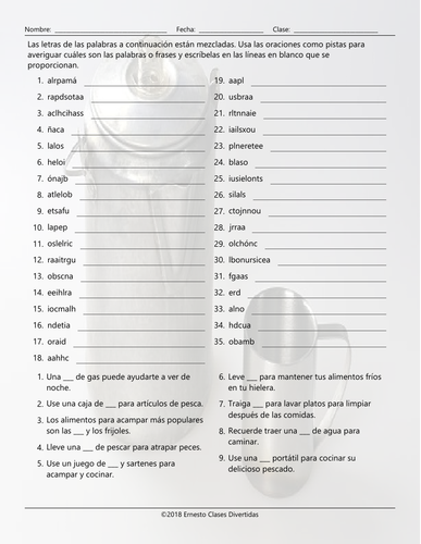 Camping Things and Activities Jumbled Words Spanish Worksheet ...